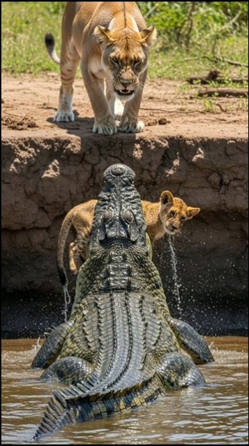 Giant Crocodile Explodes From the Water and Grabs Lion Cub - YouTube