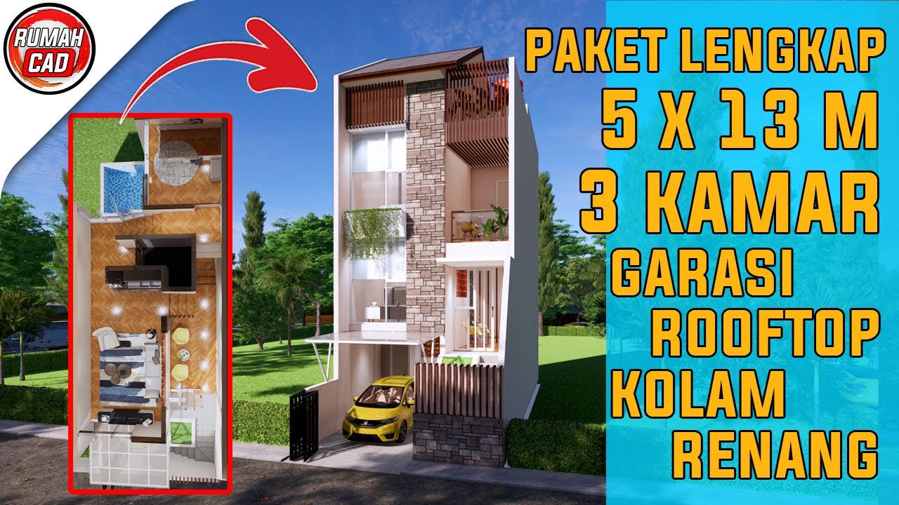 Desain Rumah Minimalis Split Level 5x13 m Ada Rooftop dan Kolam ...