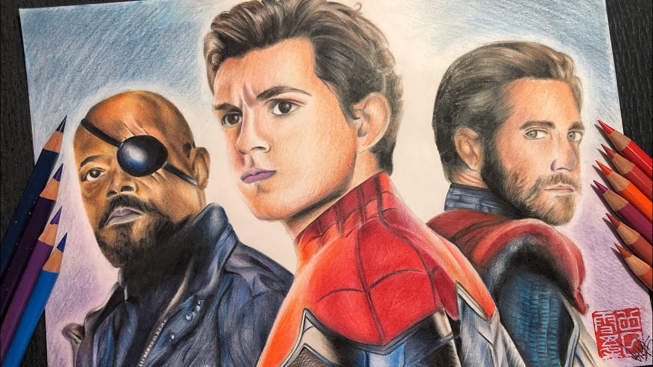 Drawing Nick Fury, Spider Man, Mysterio From Spider Man: Far From Home ...