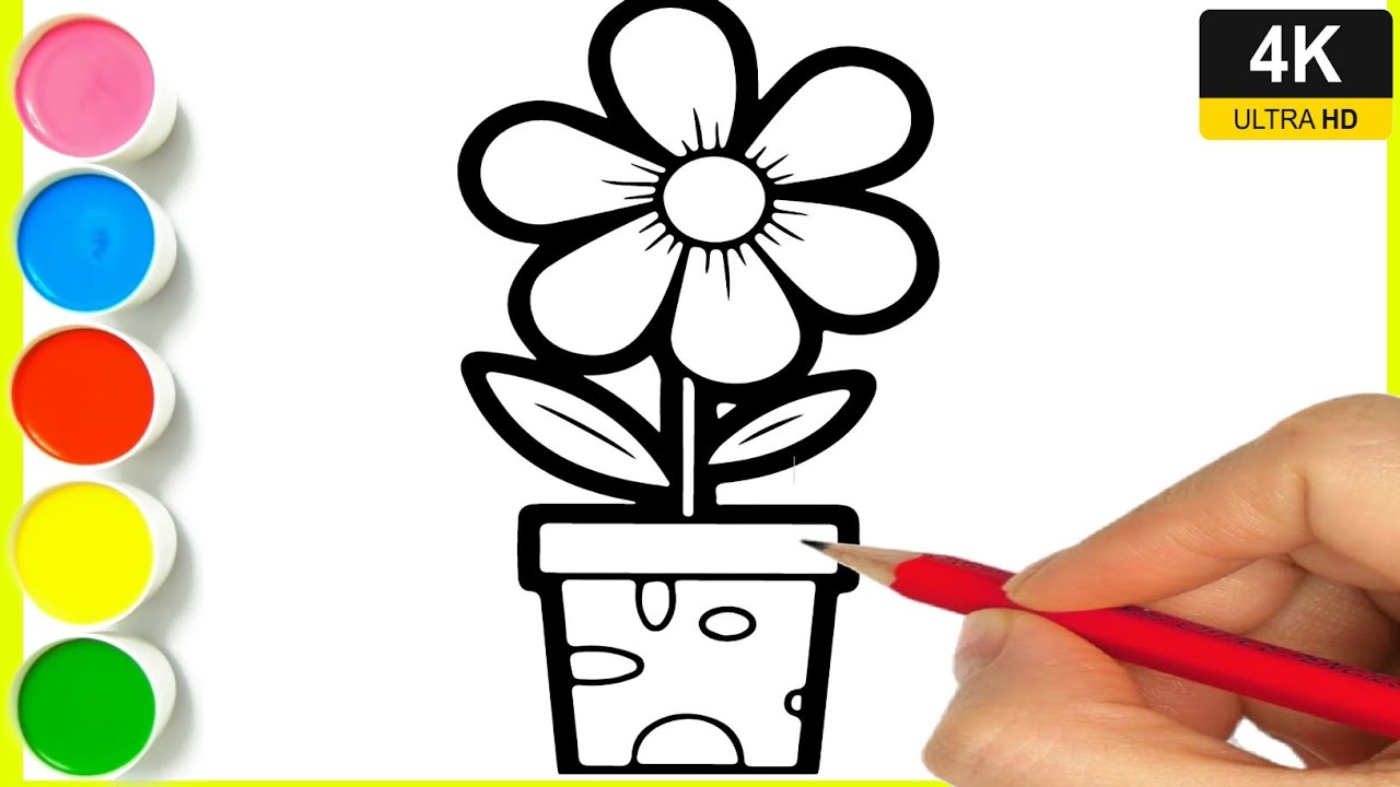 Flower pot drawing || How to draw a flower pot drawing with colour ...