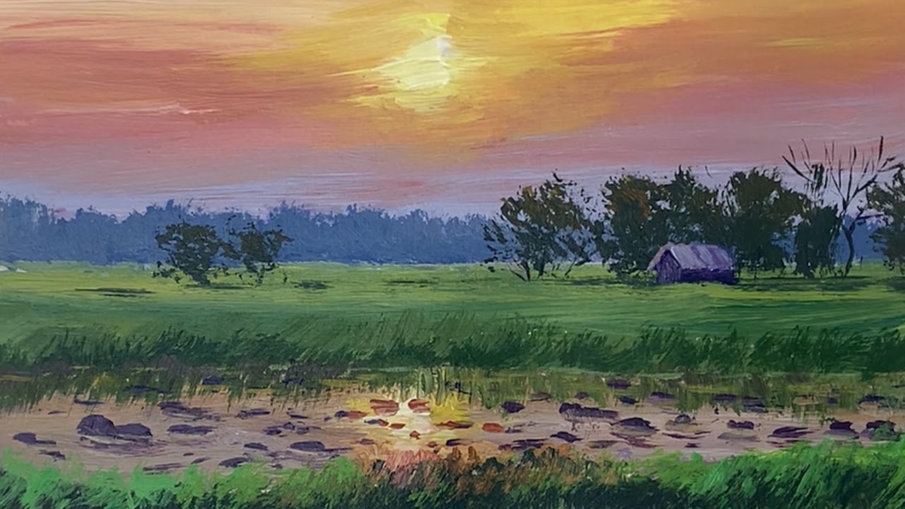 How To Paint Sunset Landscape In Acrylic | Painting For Beginner - YouTube