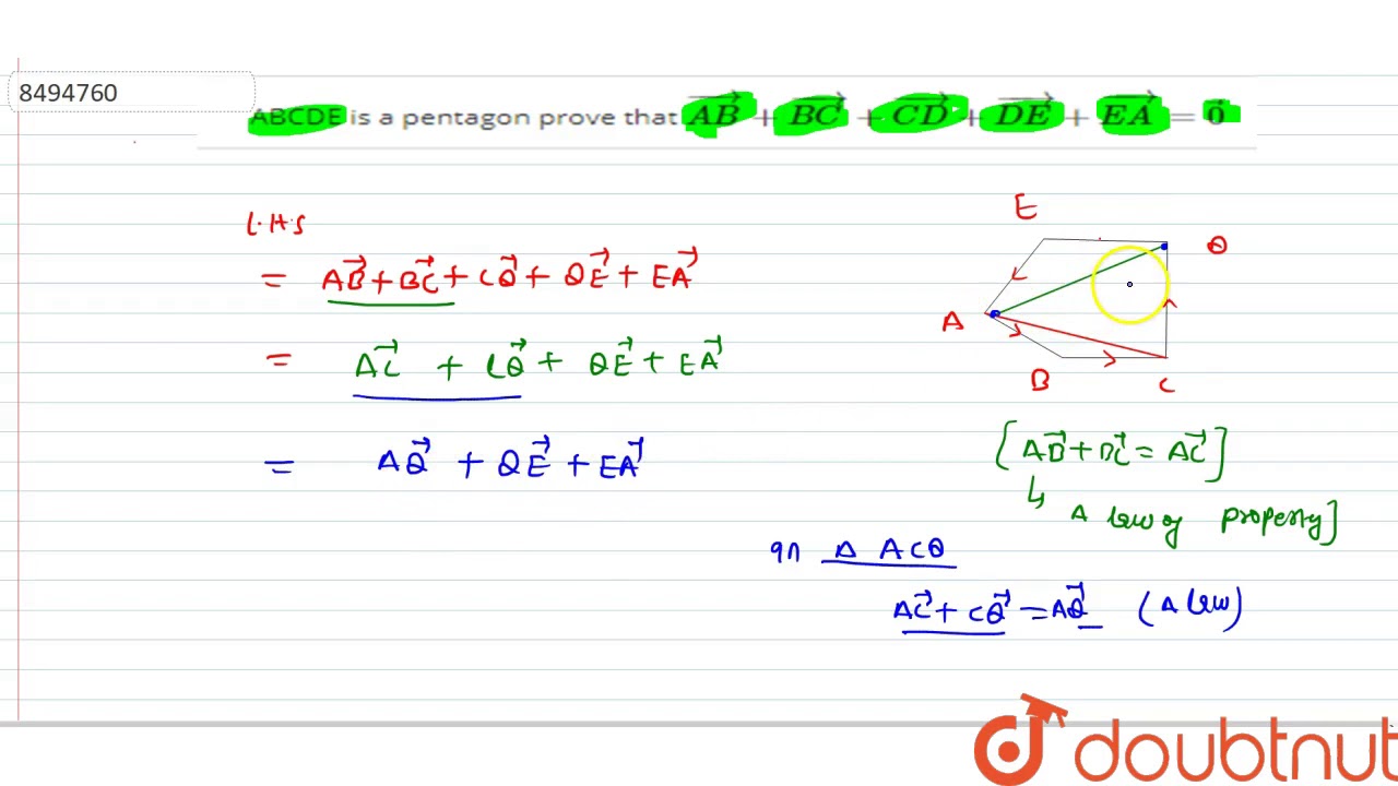 ABCDE is a pentagon prove that `vec(AB)+vec(BC)+vec(CD)+vec(DE)+vec(EA ...