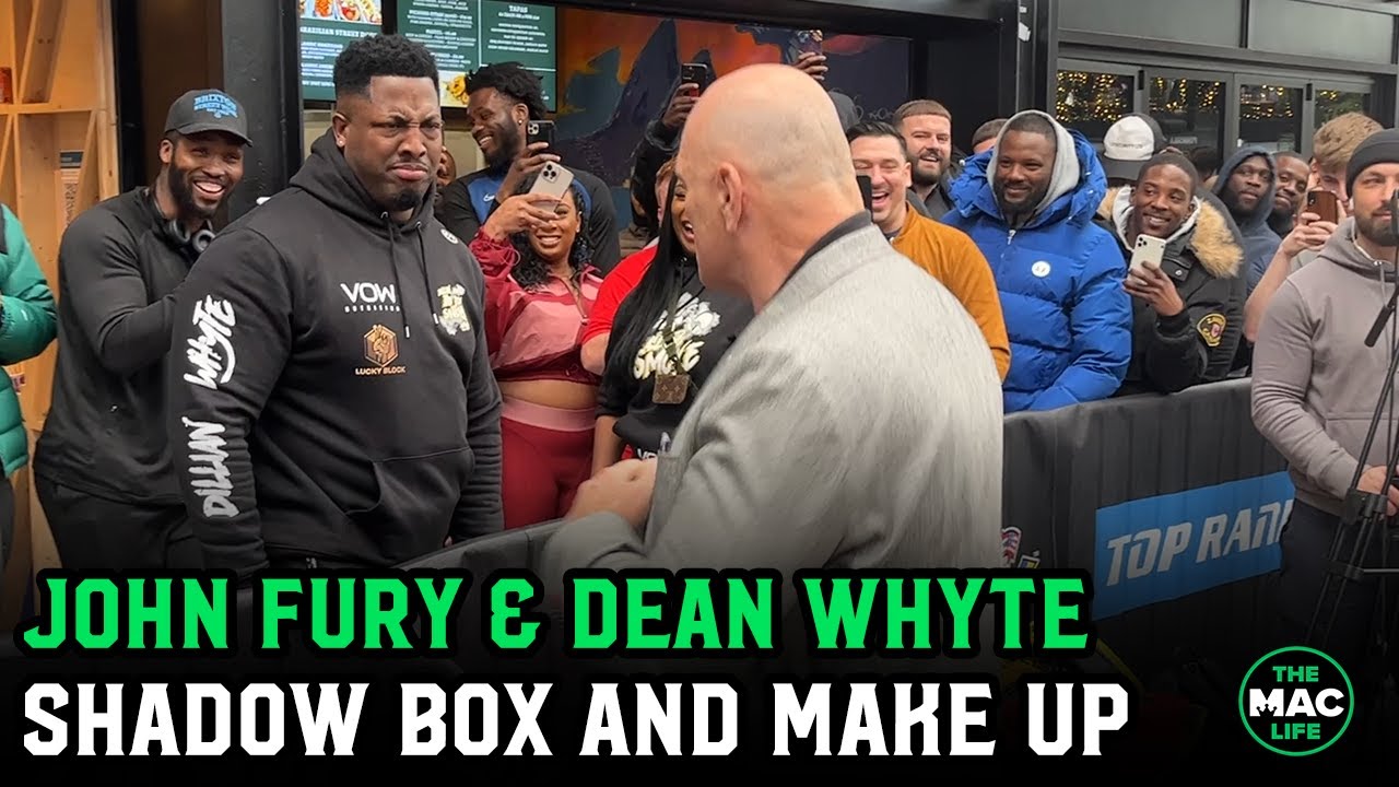 John Fury and Dean Whyte shadow box with crowd cheering and squash the ...
