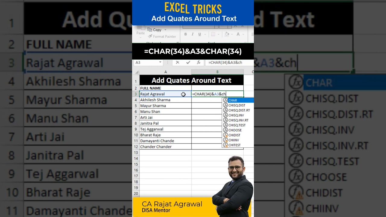 excel 47 Add Quotes Around Text Using Char Function Shorts YouTube excel 47 Add Quotes Around Text Using Char Function Shorts YouTube