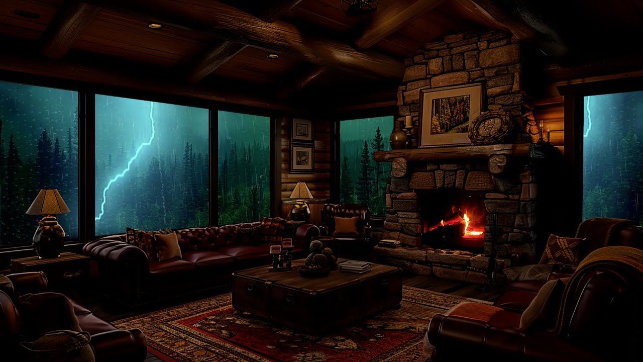 Rainy Night on the Mountain with Crackling Fireplace in Cozy Cabin for ...