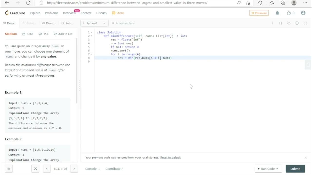 Minimum Difference Between Largest and Smallest value in three Move || Leet Code Problem Solved ...