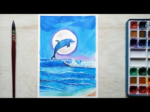 #159 Moonlight Night Painting | Dolphin Painting Watercolor tutorial | Moonlit  Ocean scenery Art