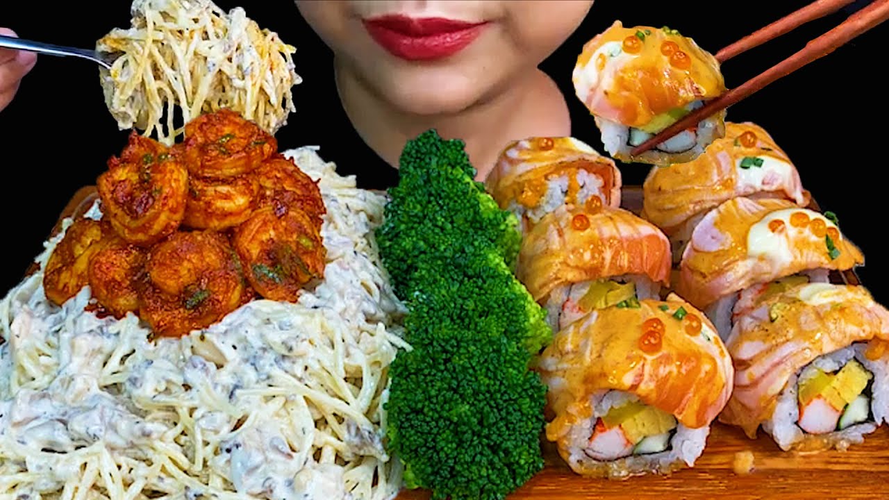 Grilled Salmon Sushi, Spicy Shrimp & Pasta With Creamy Of Mushroom ...