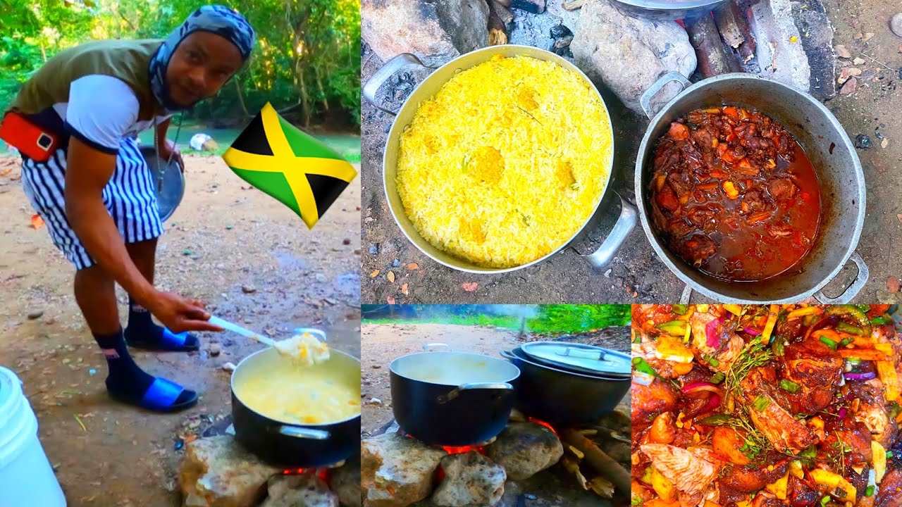 In Jamaica having my dinner at the river outdoor cooking yard man style ...