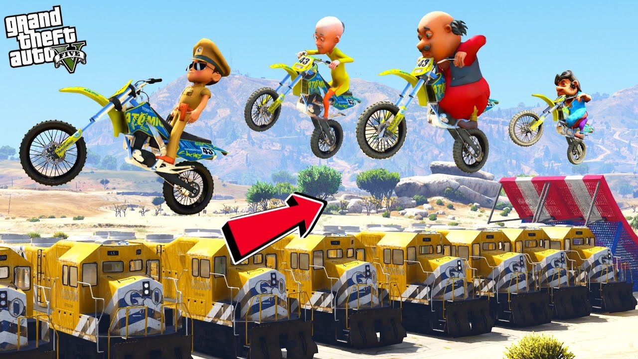 GTA 5:Mega Ramp Jump 50 Trains Cross Challenge | Motu Patlu Team Vs ...