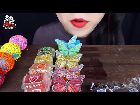 ASMR Rainbow dessert, butterfly candy and kinjo jelly | Hongyu Asmr 2X ...