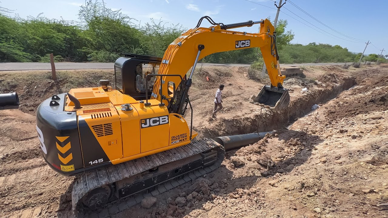 JCB 145 NXT Excavator Water Line dig and Big Pipe Installation Back ...
