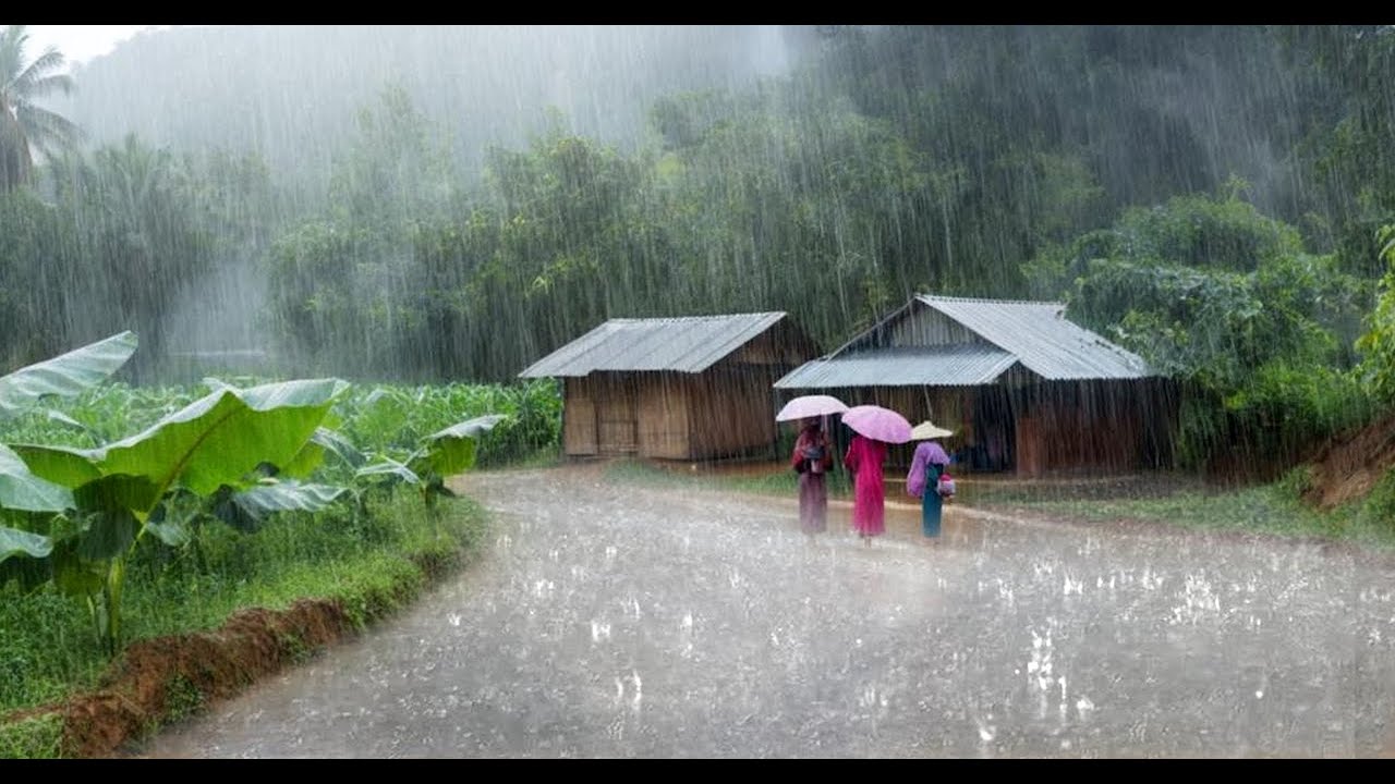 Very Heavy Rain, I Walk in the Middle of Small Village Life, Remote Village, West Java ...