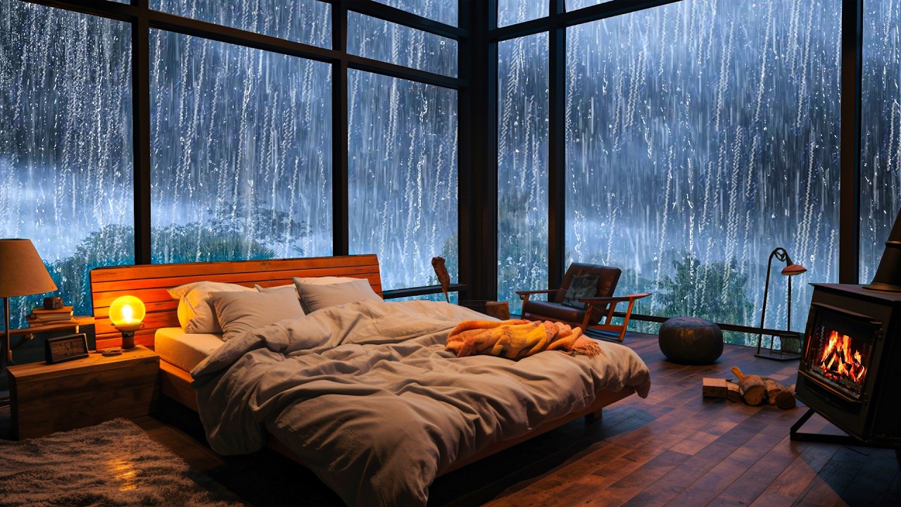 No Ads, Midnight Rain in Cozy Room 🌧️ Heavy Rain on Window for Fall ...