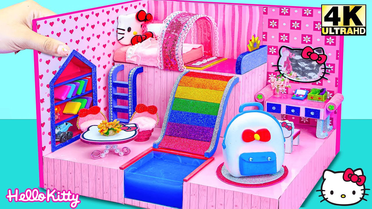 How To Make Pink Bunny House with Bunk Bed, Rainbow Stairs from Polymer ...