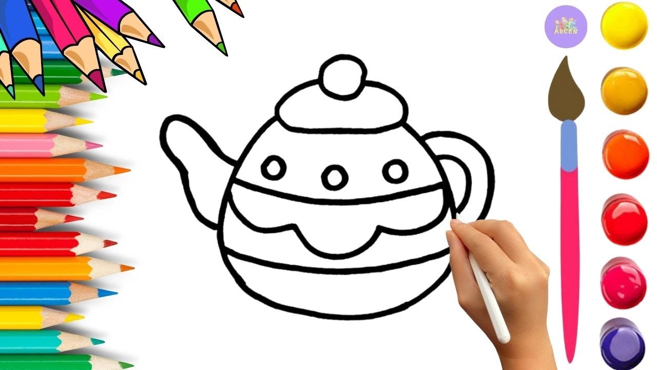 How To Draw cute Tea Pot Drawing, Painting & Coloring For Kids and ...
