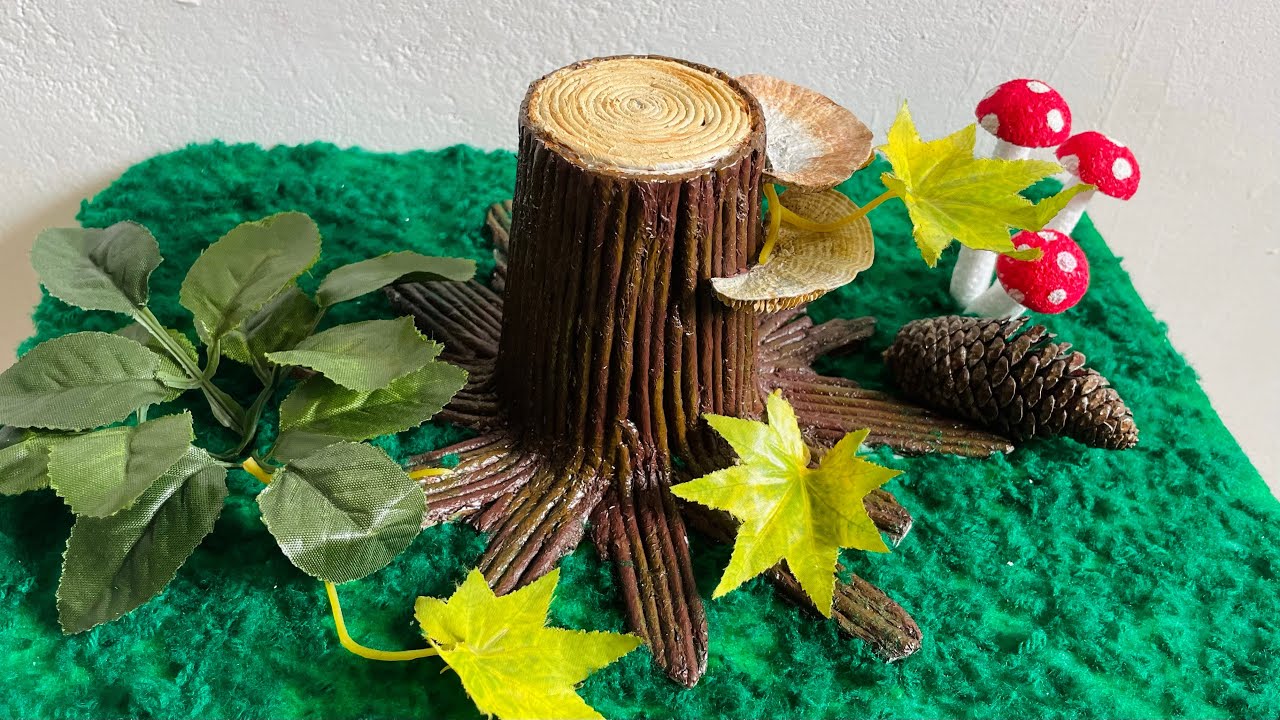 Amazing tree stump and garden making | termocol and tissue craft ideas ...