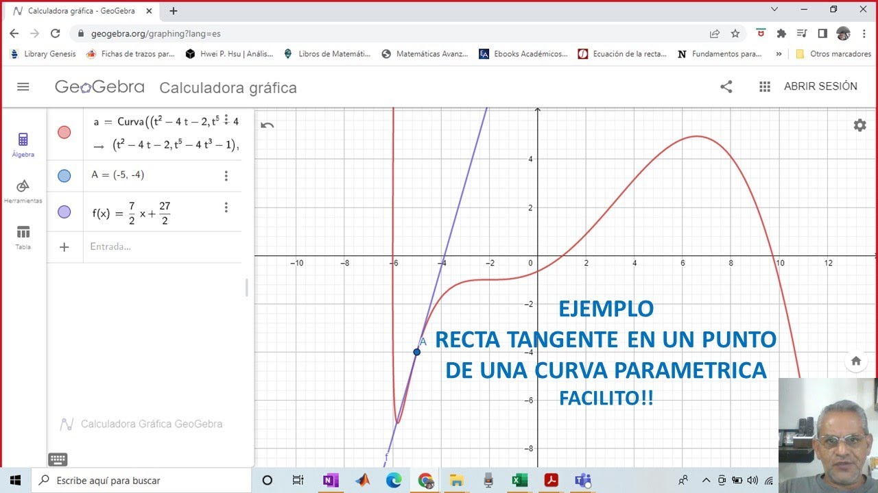 EJEMPLO DE RECTA TANGENTE EN UN PUNTO DE UNA CURVA PARAMETRICA GEOGEBRA ...