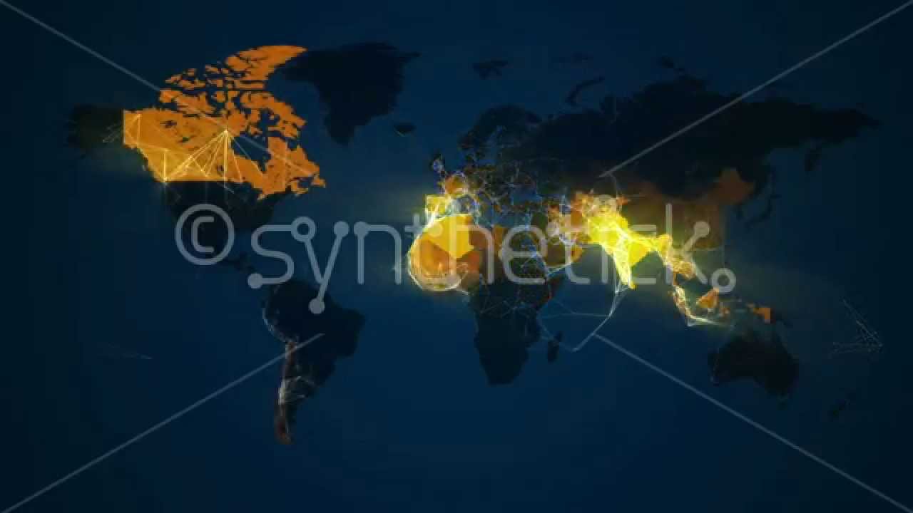 World map loop. Network of lines connect cities. Countries light up ...