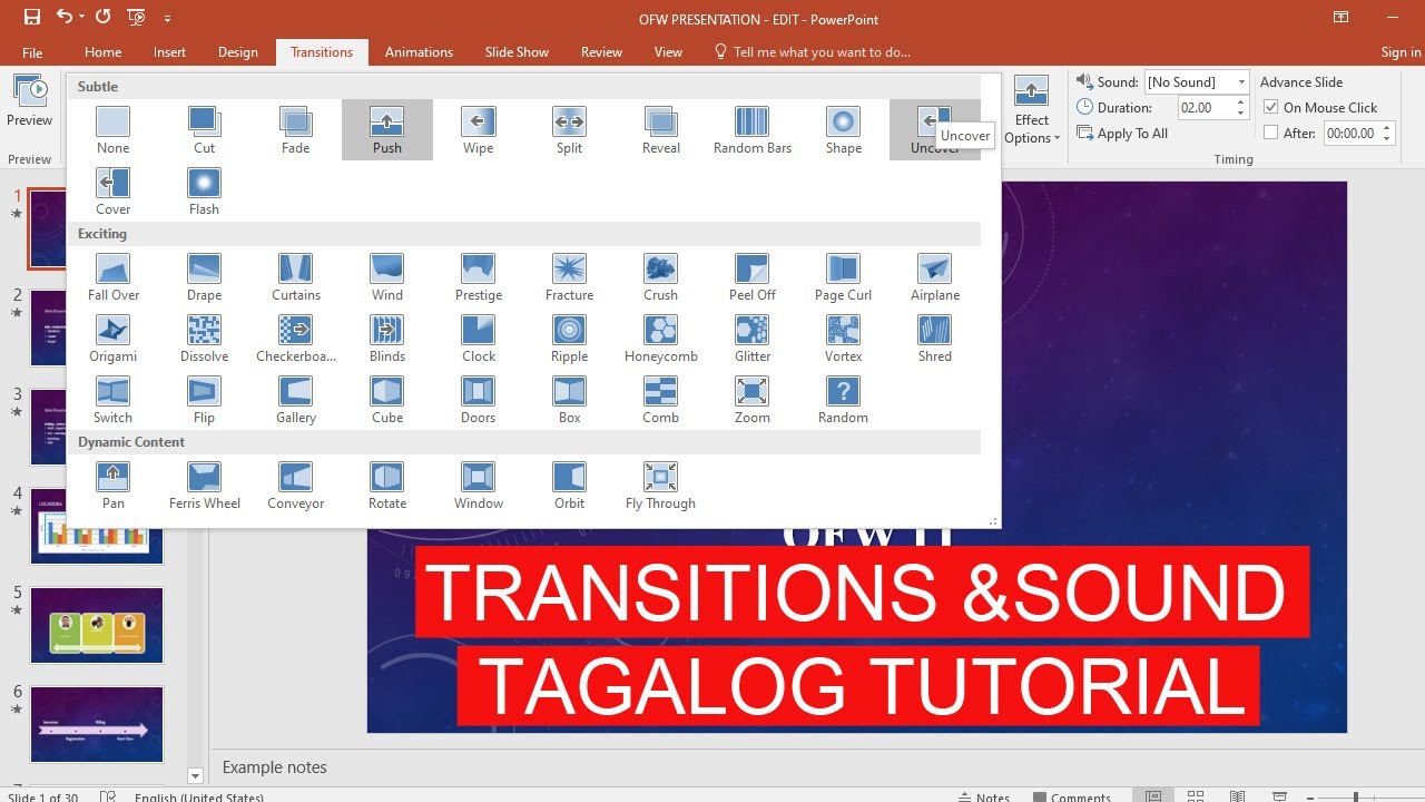 how to add Transitions and Sound to PowerPoint Tagalog Tutorial - YouTube