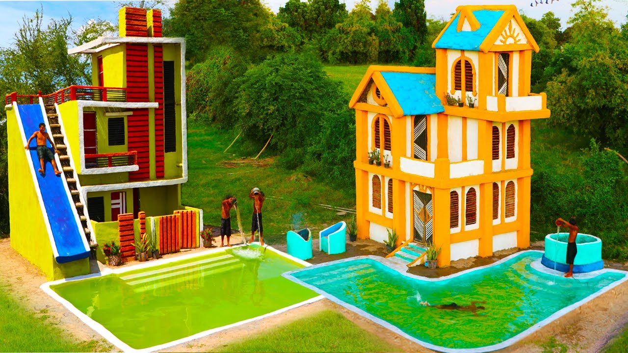 200 Days Of Building Top 2 Mud Villa In Forest, Water Slide ...