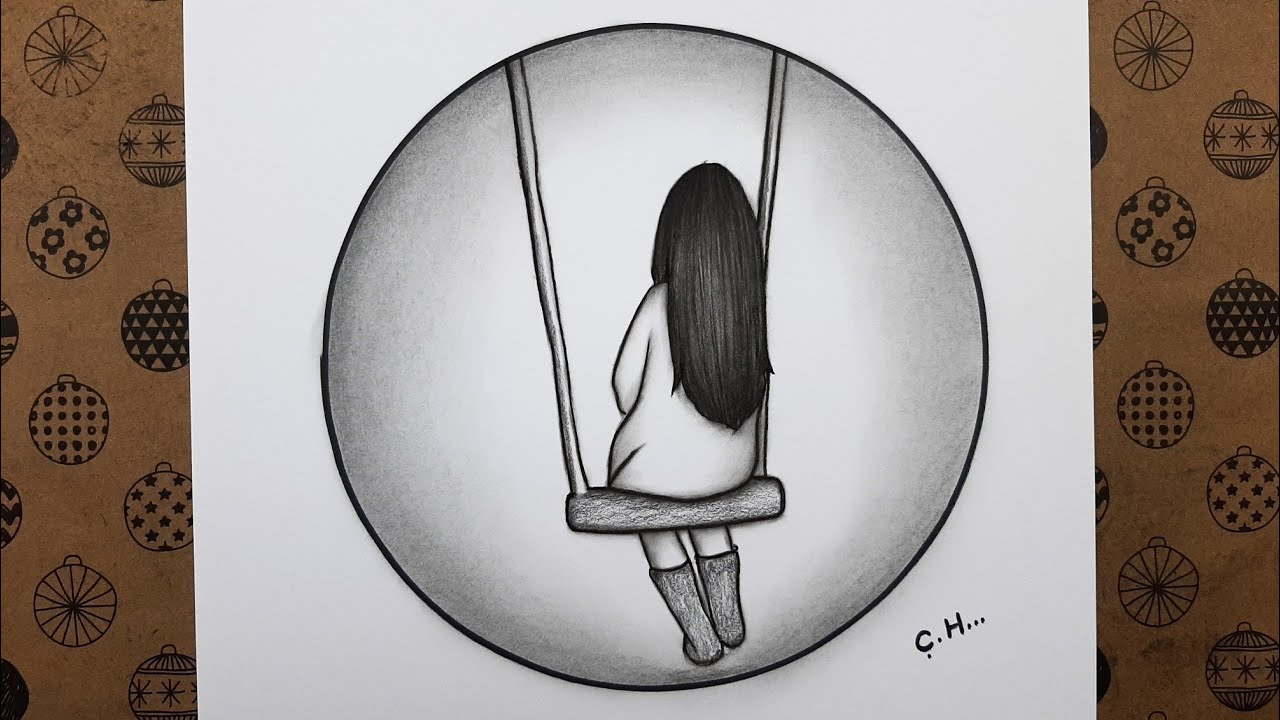 Kolay Karakalem Çizim Fikirleri 2022 Salıncakta Oturan Arkası Dönük Kız ...