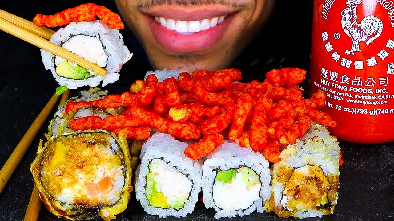 ASMR SUSHI & FLAMIN HOT CHEETOS MUKBANG | EATING SUSHI ROLLS NO TALKING ...