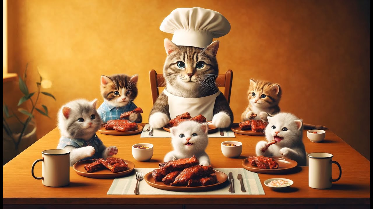 The cat makes BBQ Ribs to treat the kittens. - YouTube