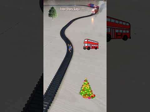 Double Decker Bus is following the woman and turns into Two Santas as the train is approaching fast
