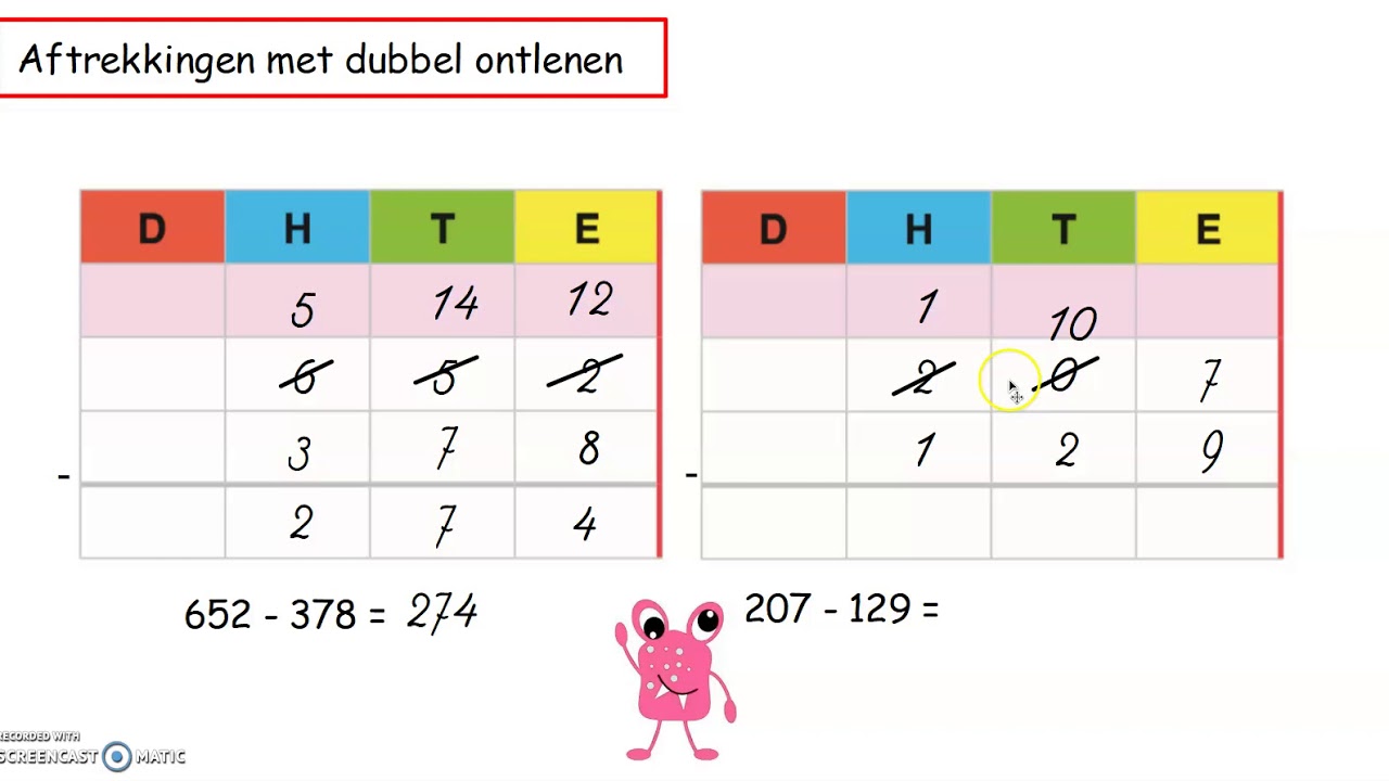 Cijferen Aftrekken met 2 of 3 keer ontlenen - YouTube