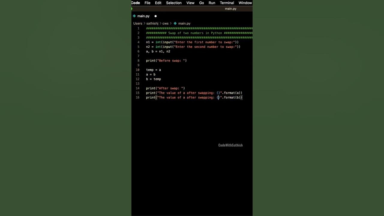Python 03 Swap Of Two Numbers In Python Swapping Python Program Codewithsathish Shorts