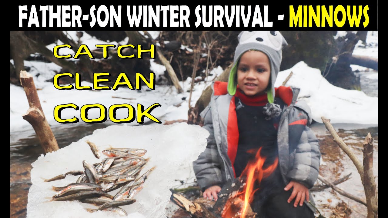 WINTER SURVIVAL - Minnow Catch Clean & Cook (Father & Son) - YouTube