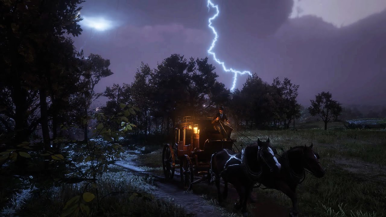 Night Horse Carriage Ride in a Thunderstorm | RDR2 ASMR Rain & Thunder ...