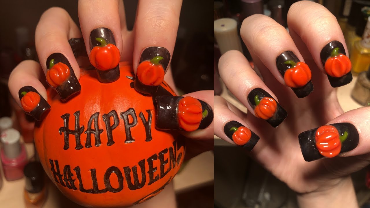 Halloween Pumpkin Nail Art 3D EASY - YouTube