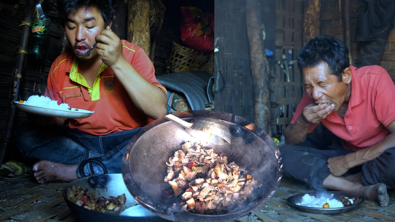 Buff intestine fry curry by JK & Rituhanng in their buffalo shelter ...