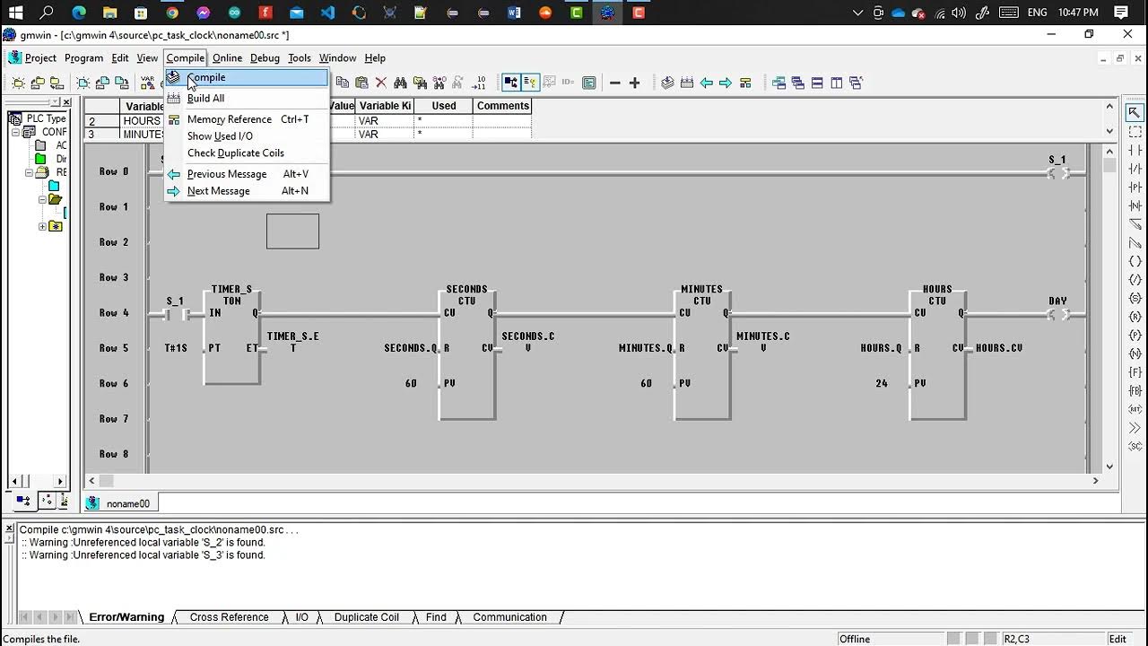 Create 24 hour clock operated by 3 counters on GMWIN PLC - YouTube