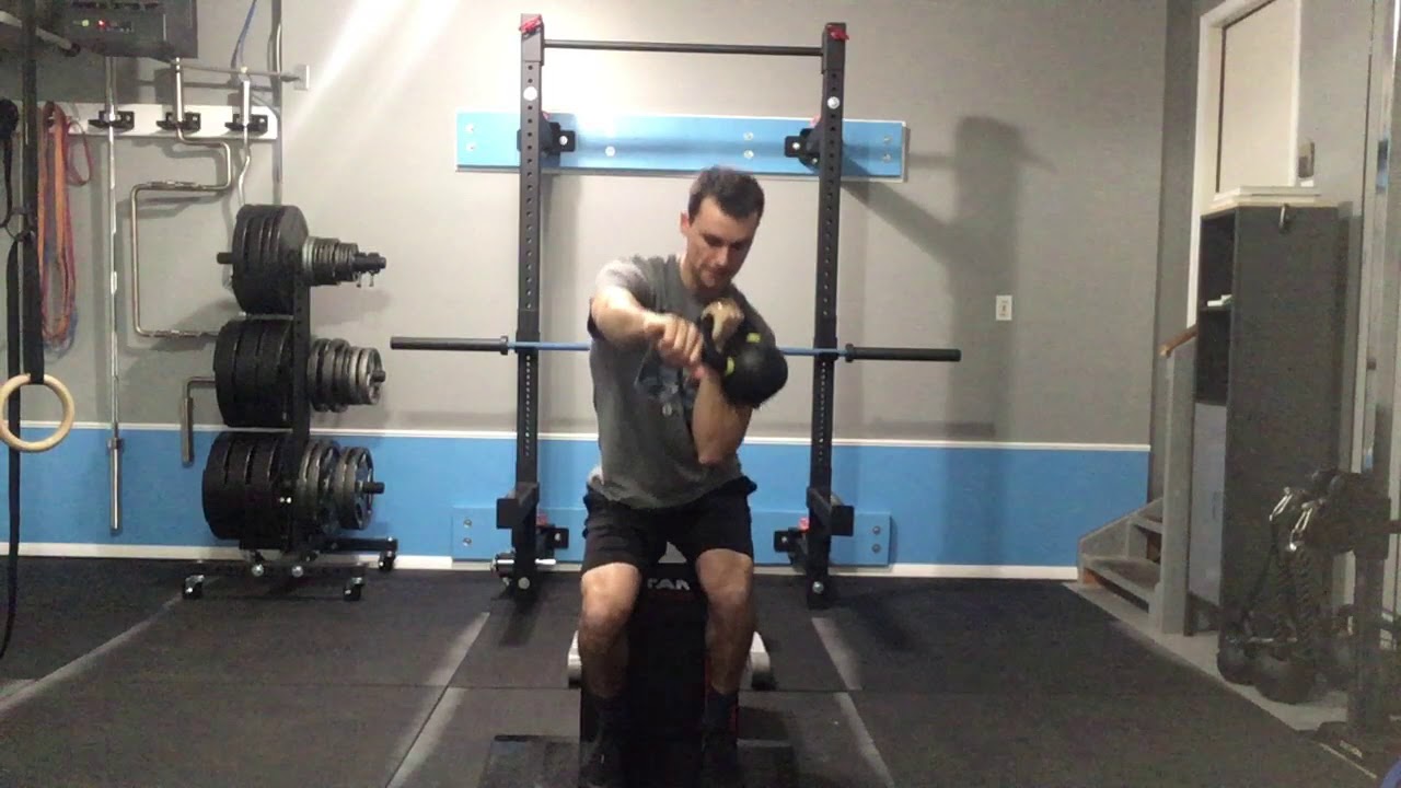 Unilateral KB box squat with ramp - YouTube