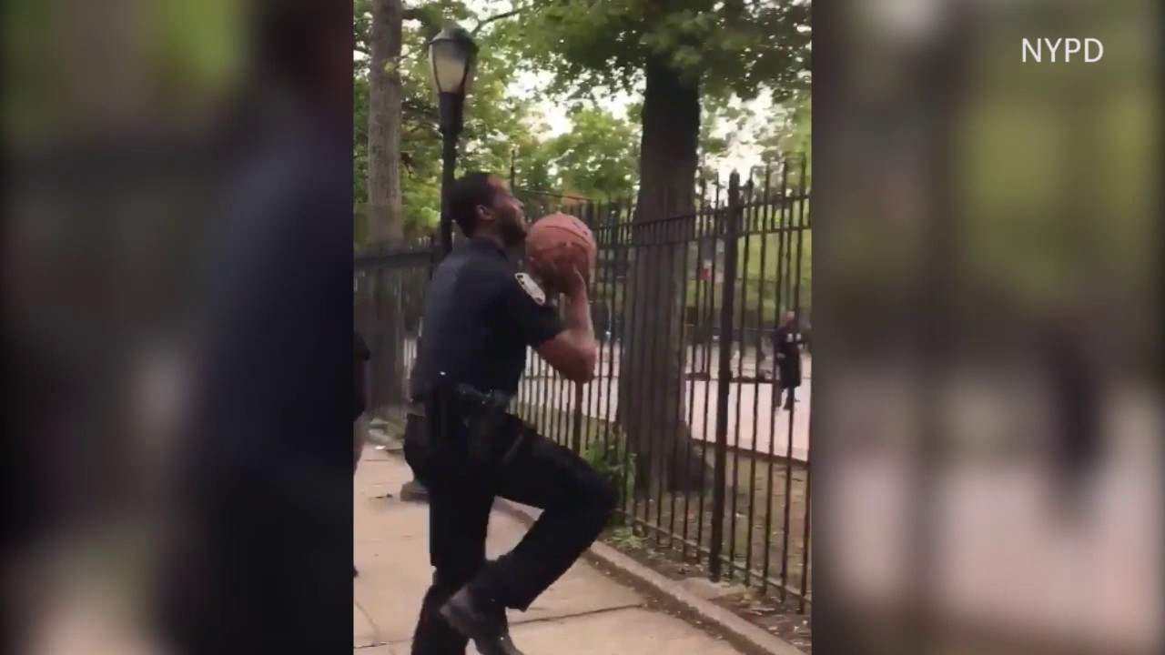 NYPD police officer makes impressive basketball shot - YouTube