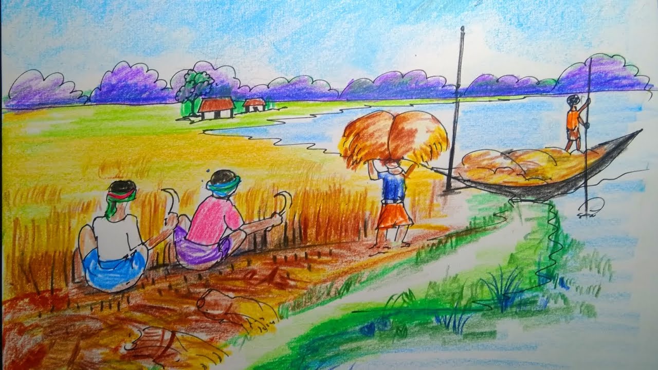 ধান কাটা দৃশ্য অংকন/হেমন্তকালের দৃশ্য অংকন village scenery drawing ...