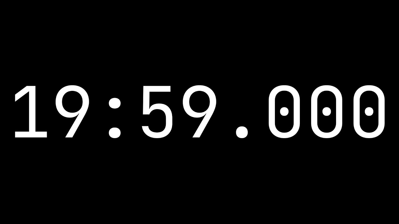 Countdown timer 19 minutes, 59 seconds [19:59.000] - White on black ...