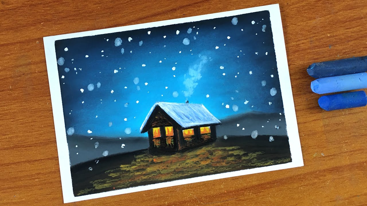 Easy Oil Pastel Snowfall Painting for beginners | Oil Pastel Drawing ...