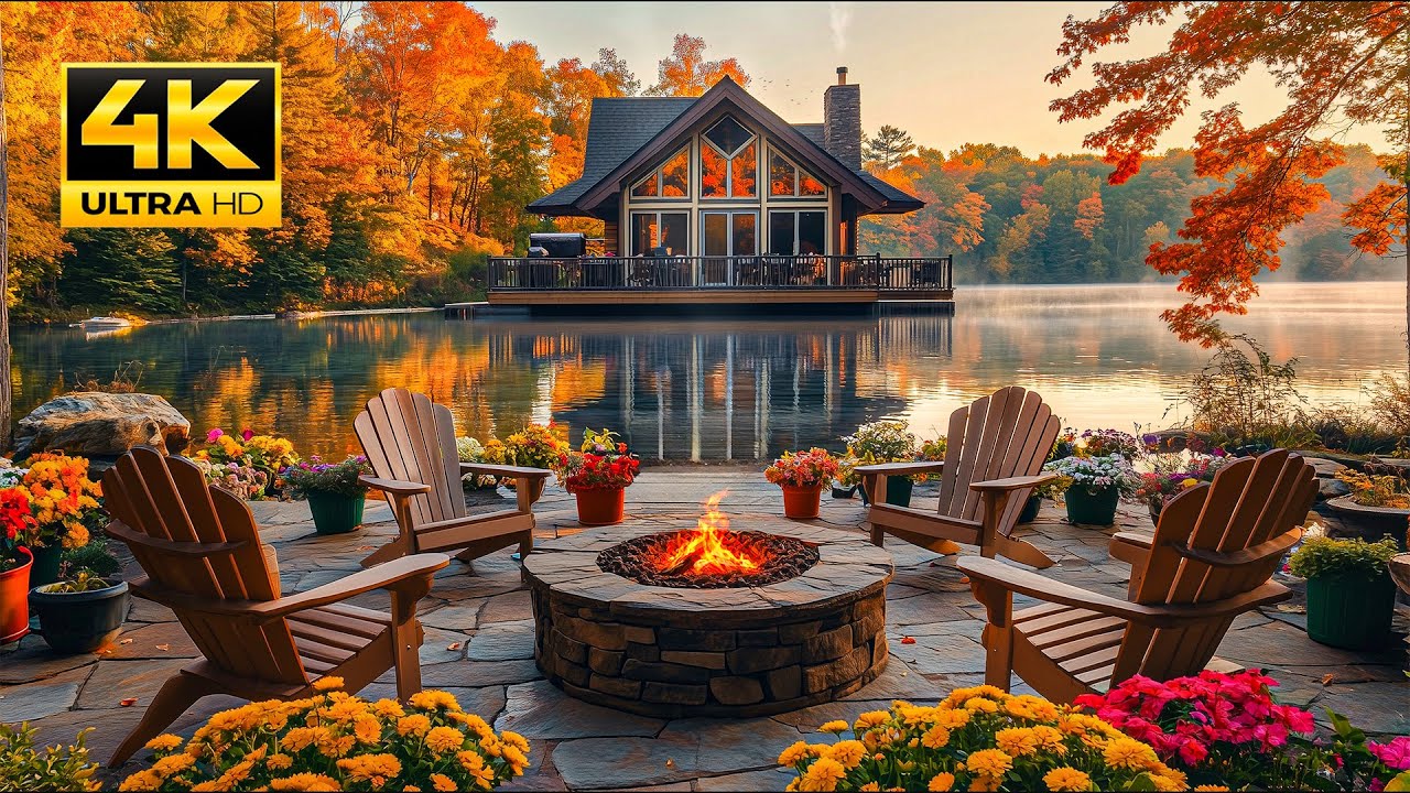 Morning Autumn Serenity by the Lakeside Cabin: Relaxing Crackling Fire ...