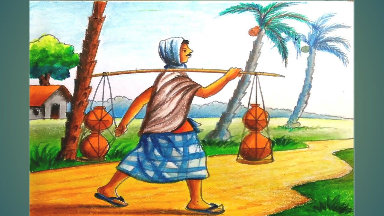 How to draw village winter season scenery /winter season drawing oil ...