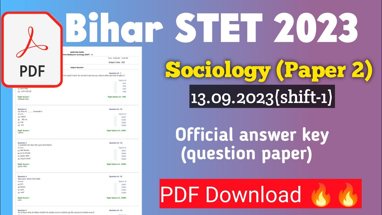 Bihar Stet Sociology (Paper 1) 2023 official question answer. Download ...