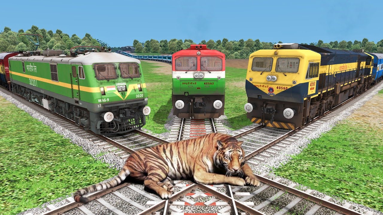 Three Trains vs Giant Tiger | Stops the Train - Train Simulator - YouTube