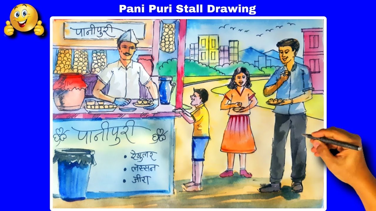 Pani Puri stall Drawing / how to paint Pani Puri stall Drawing with ...