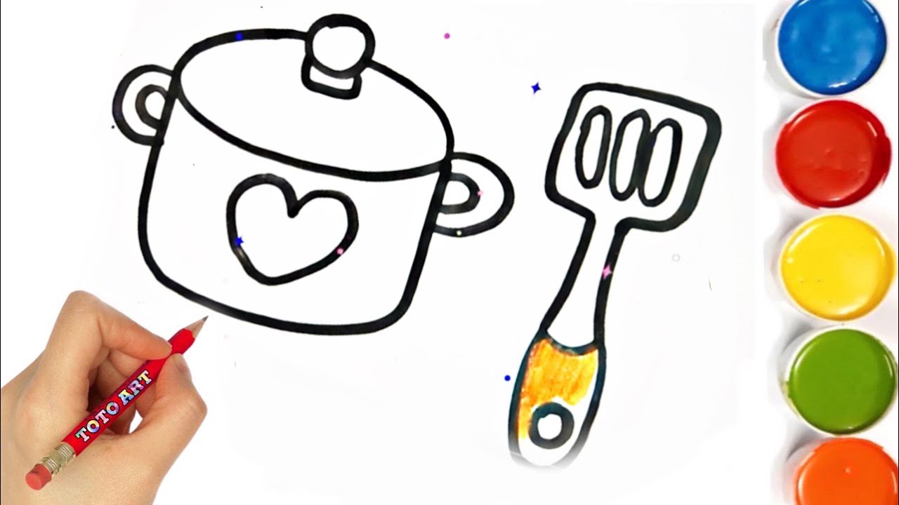How to draw Kitchen Dishes -Colouring for Kids & Toddlers |Draw, Paint ...