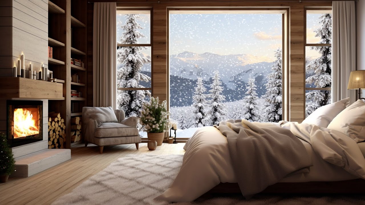 Winter Cozy Sleep Room in Forest Snow Falling, Crackling Campfire and ...