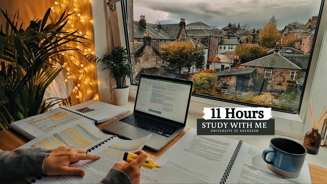 11 HOUR STUDY WITH ME on A RAINY DAY | Background noise, 10-min Break ...
