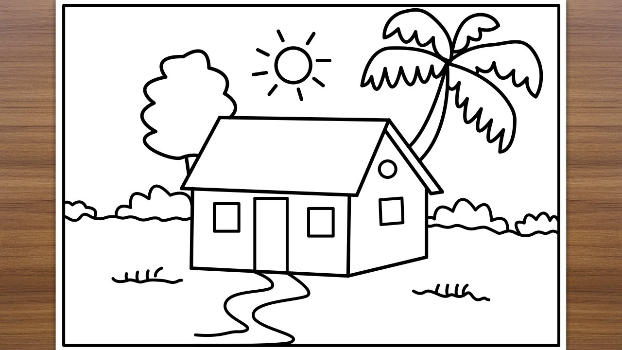 How to Draw a HUT with Tree / Easy Village Scenery Drawing / Village ...